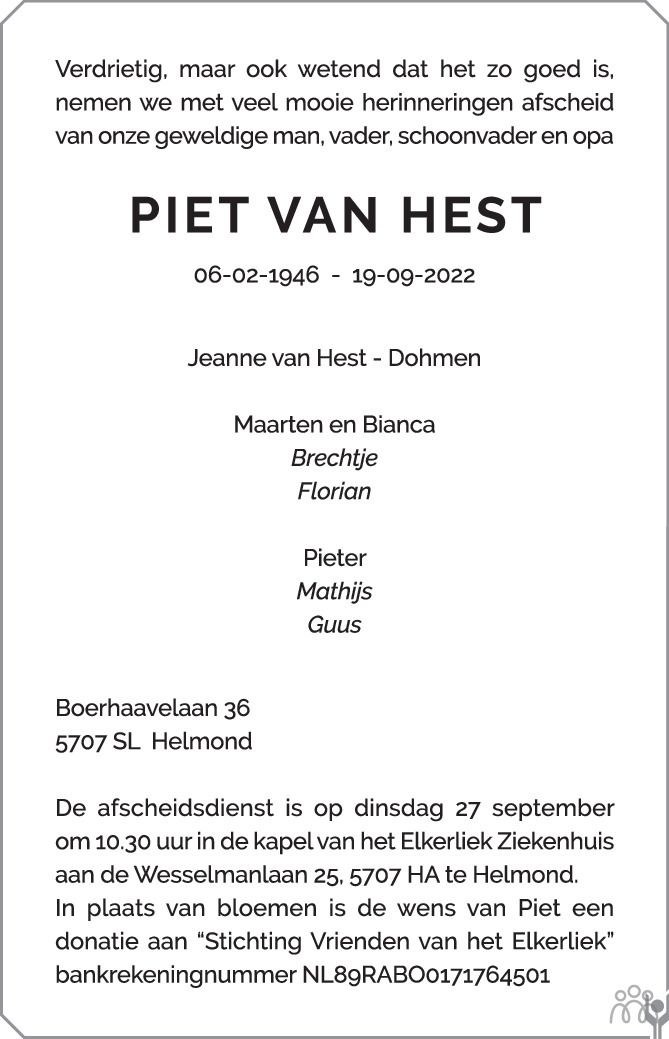 Piet van Hest 19 september 2022 • overlijdensbericht en condoleances ...