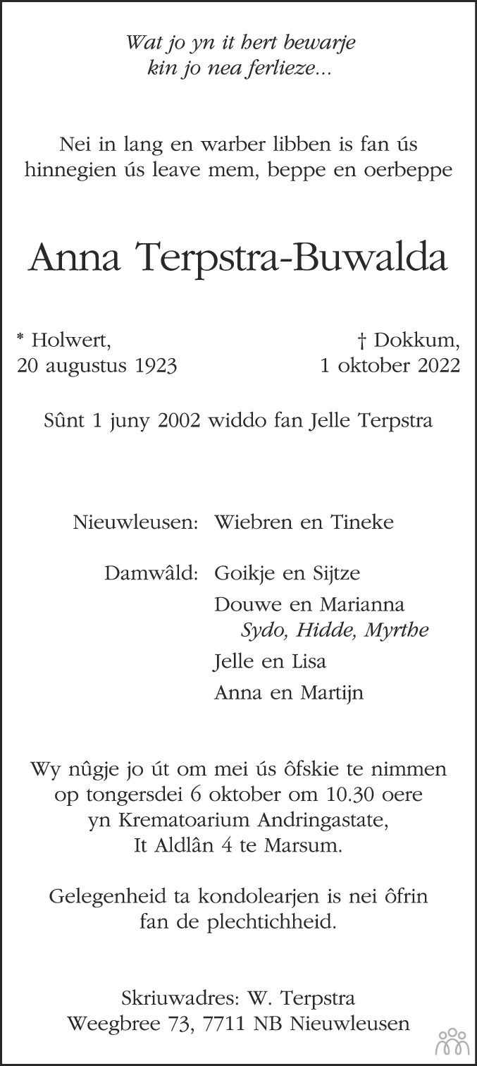 Anna Terpstra-Buwalda 1 oktober 2022 • overlijdensbericht en ...