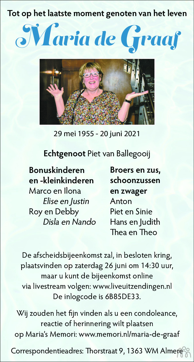 Maria de Graaf 20 juni 2021 • overlijdensbericht en condoleances ...