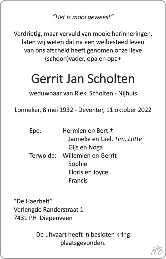 Gerrit Jan Scholten 11 oktober 2022 • overlijdensbericht en condoleances - Mensenlinq