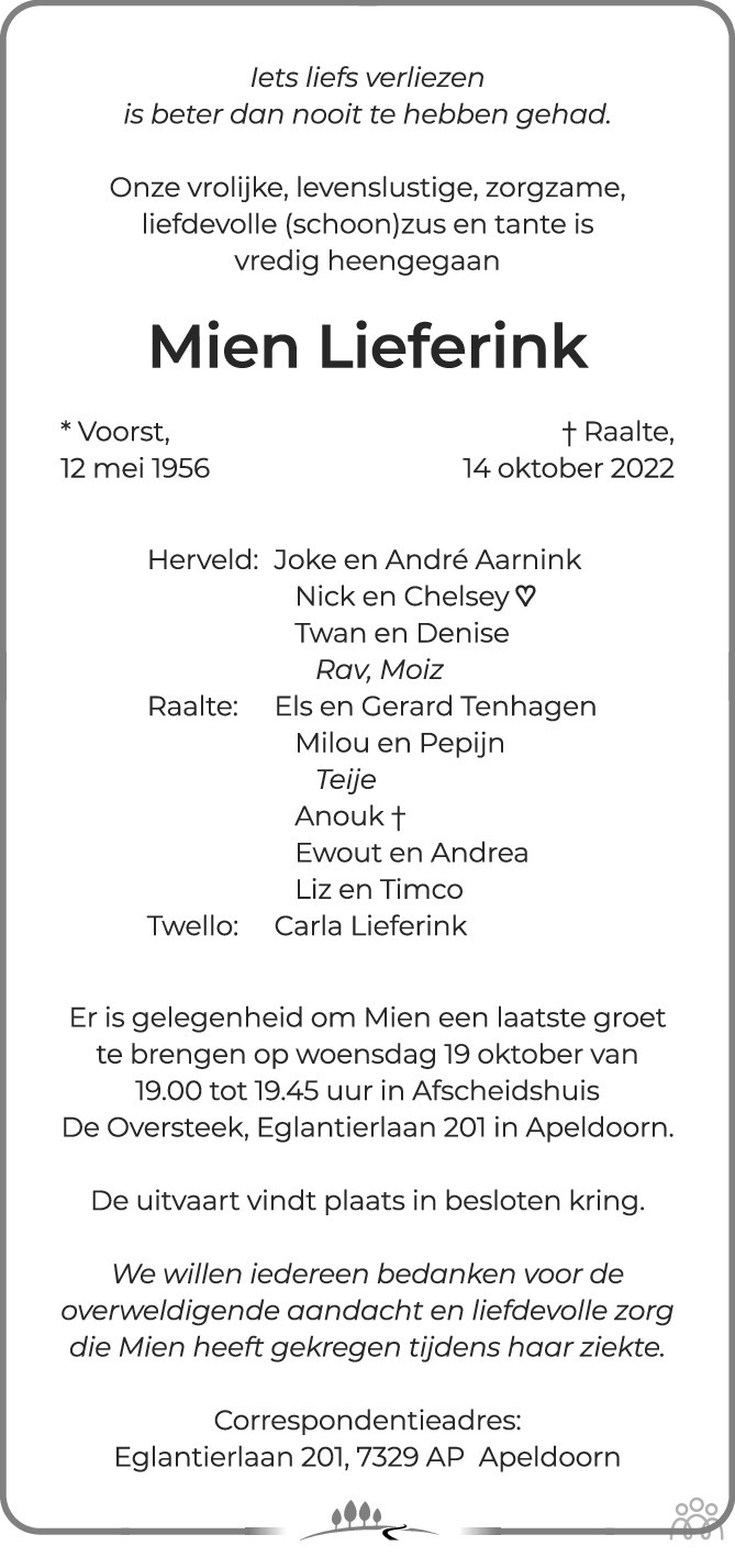 Mien Lieferink 14 oktober 2022 • overlijdensbericht en condoleances - Mensenlinq