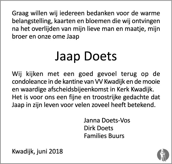 Jaap Doets 22 juni 2018 • overlijdensbericht en condoleances - Mensenlinq