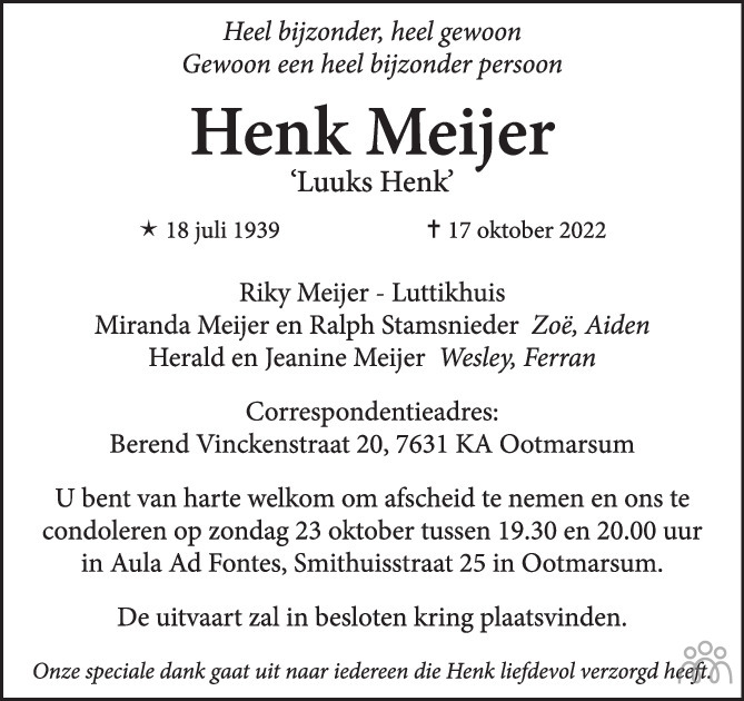 Henk Meijer 17 oktober 2022 • overlijdensbericht en condoleances - Mensenlinq