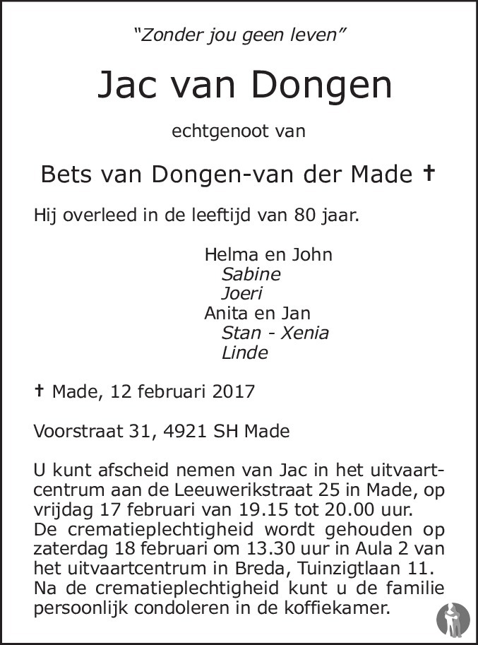 Jac van Dongen 12 februari 2017 • overlijdensbericht en condoleances - Mensenlinq