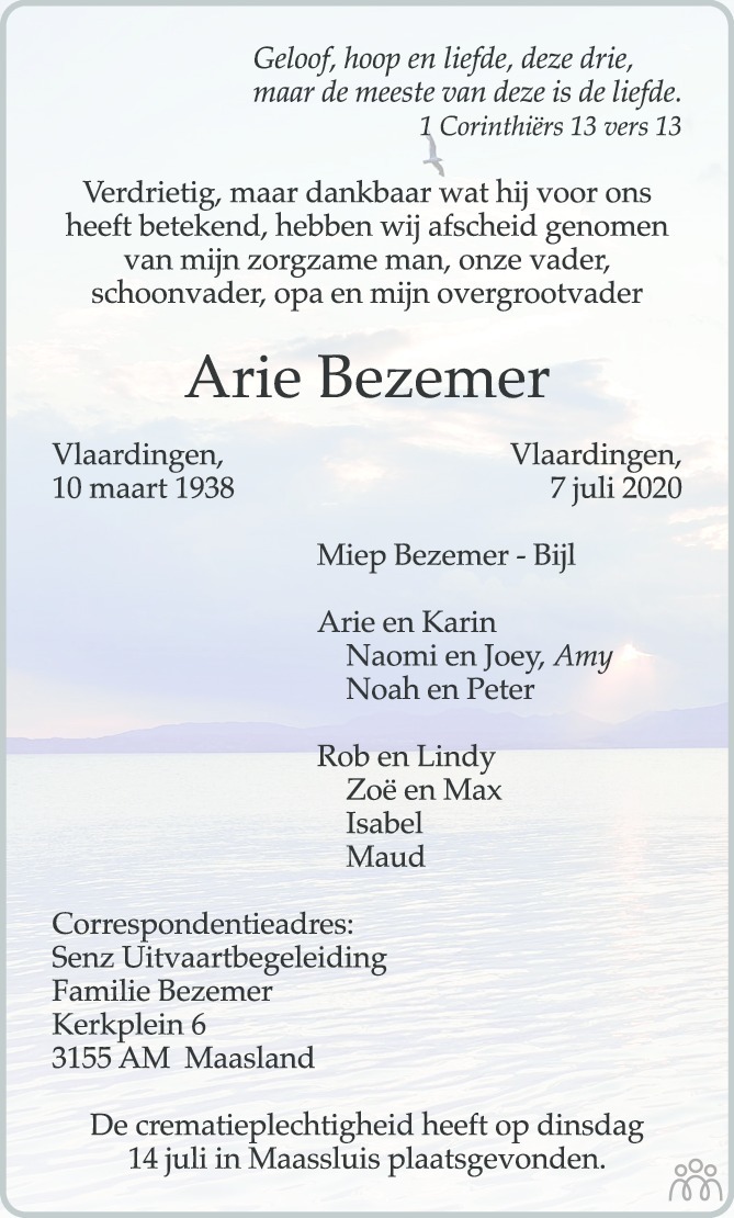 Arie Bezemer 7 juli 2020 • overlijdensbericht en condoleances - Mensenlinq