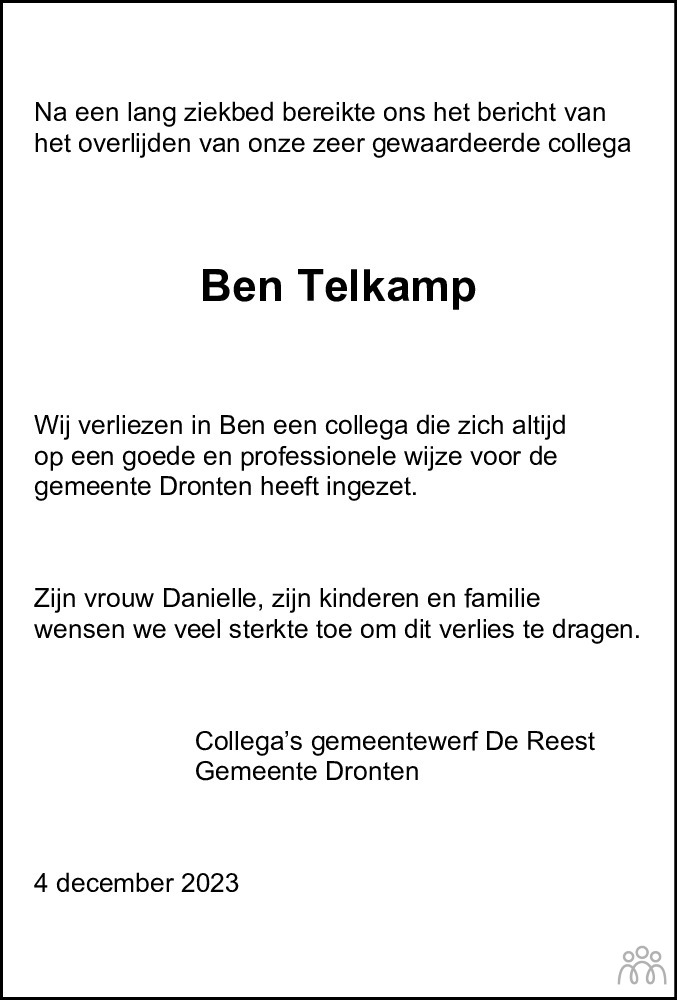 Ben Telkamp 4 december 2023 • overlijdensbericht en condoleances ...