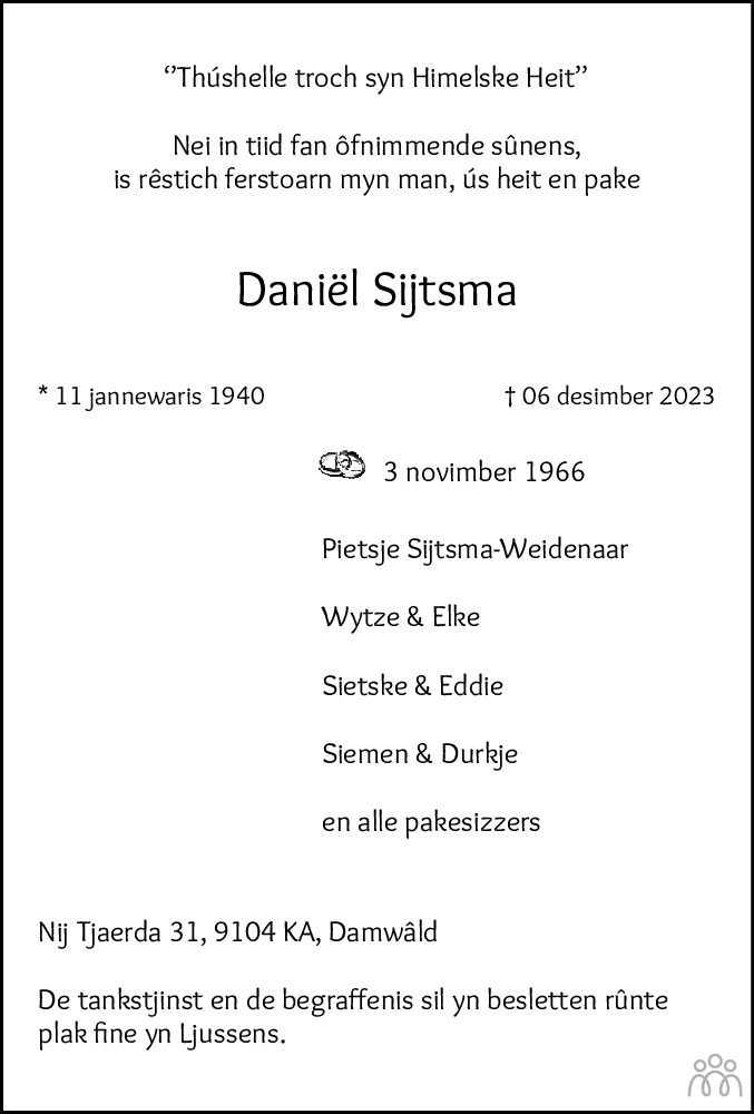 Daniël Sijtsma 6 december 2023 • overlijdensbericht en condoleances - Mensenlinq