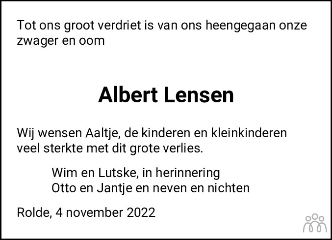 Albert Lensen 4 november 2022 • overlijdensbericht en condoleances ...