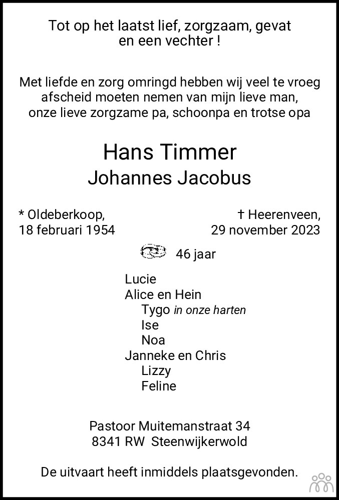Hans (Johannes Jacobus) Timmer 29 november 2023 • overlijdensbericht en ...