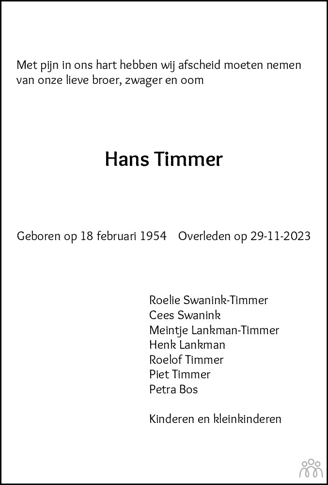 Hans (Johannes Jacobus) Timmer 29 november 2023 • overlijdensbericht en ...