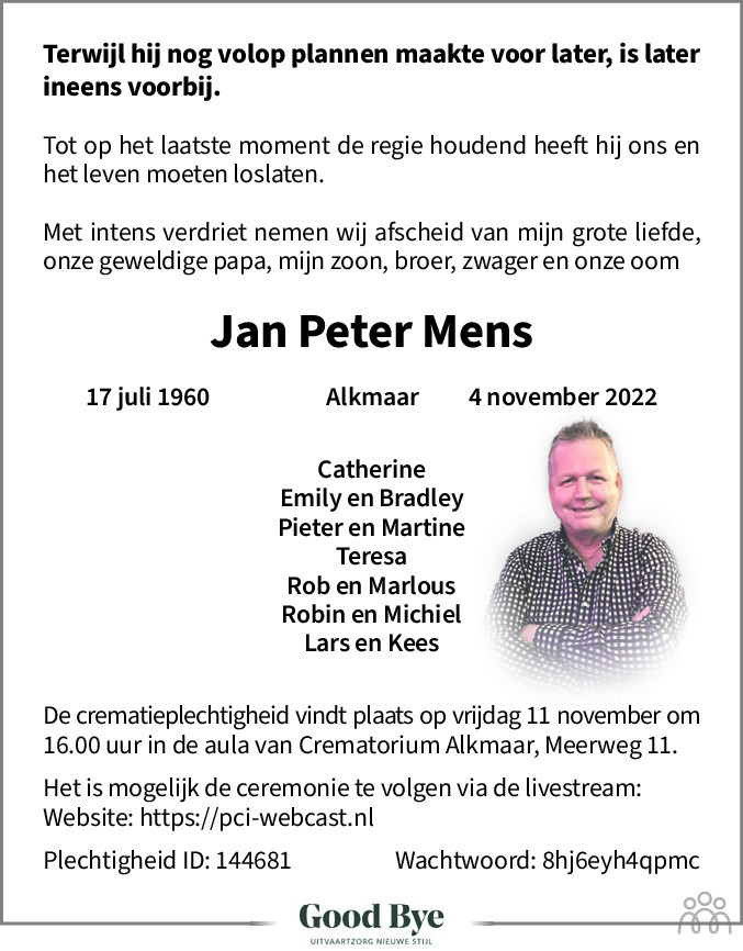 Jan Peter Mens 4 november 2022 • overlijdensbericht en condoleances ...