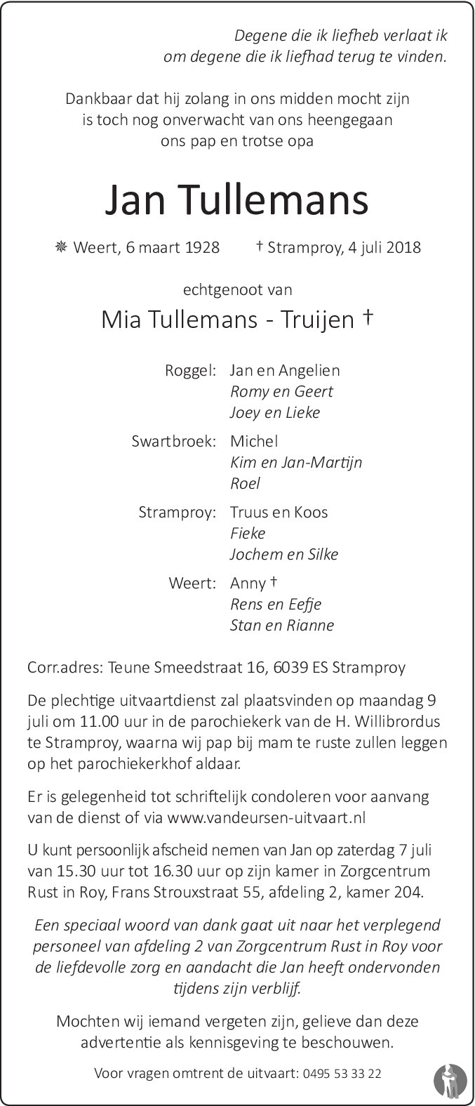 Jan Tullemans 4 juli 2018 • overlijdensbericht en condoleances - Mensenlinq