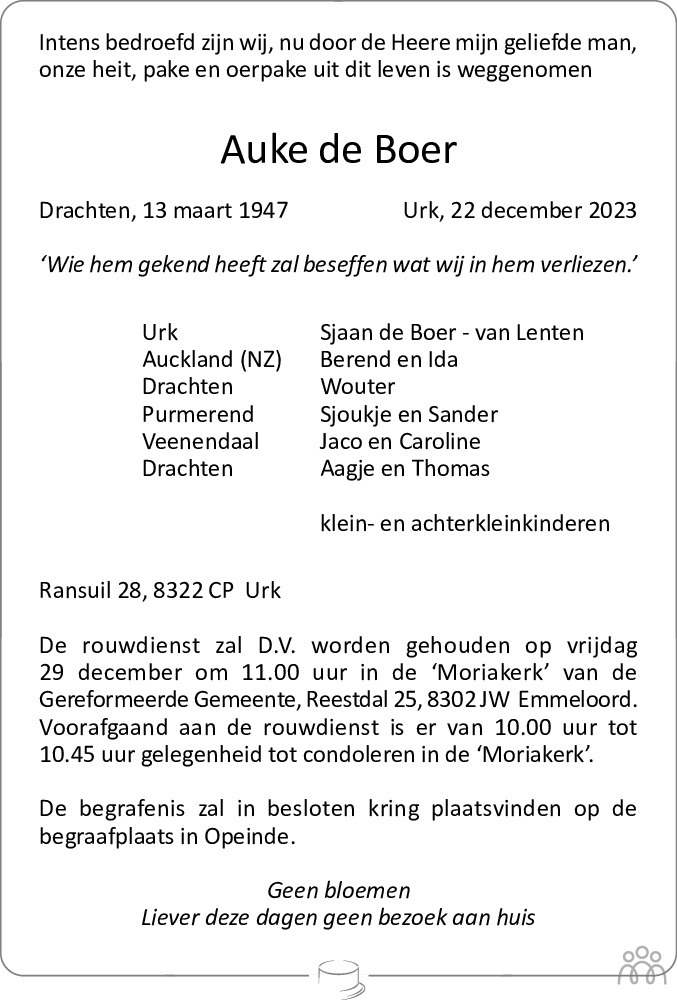 Auke de Boer 22 december 2023 • overlijdensbericht en condoleances ...