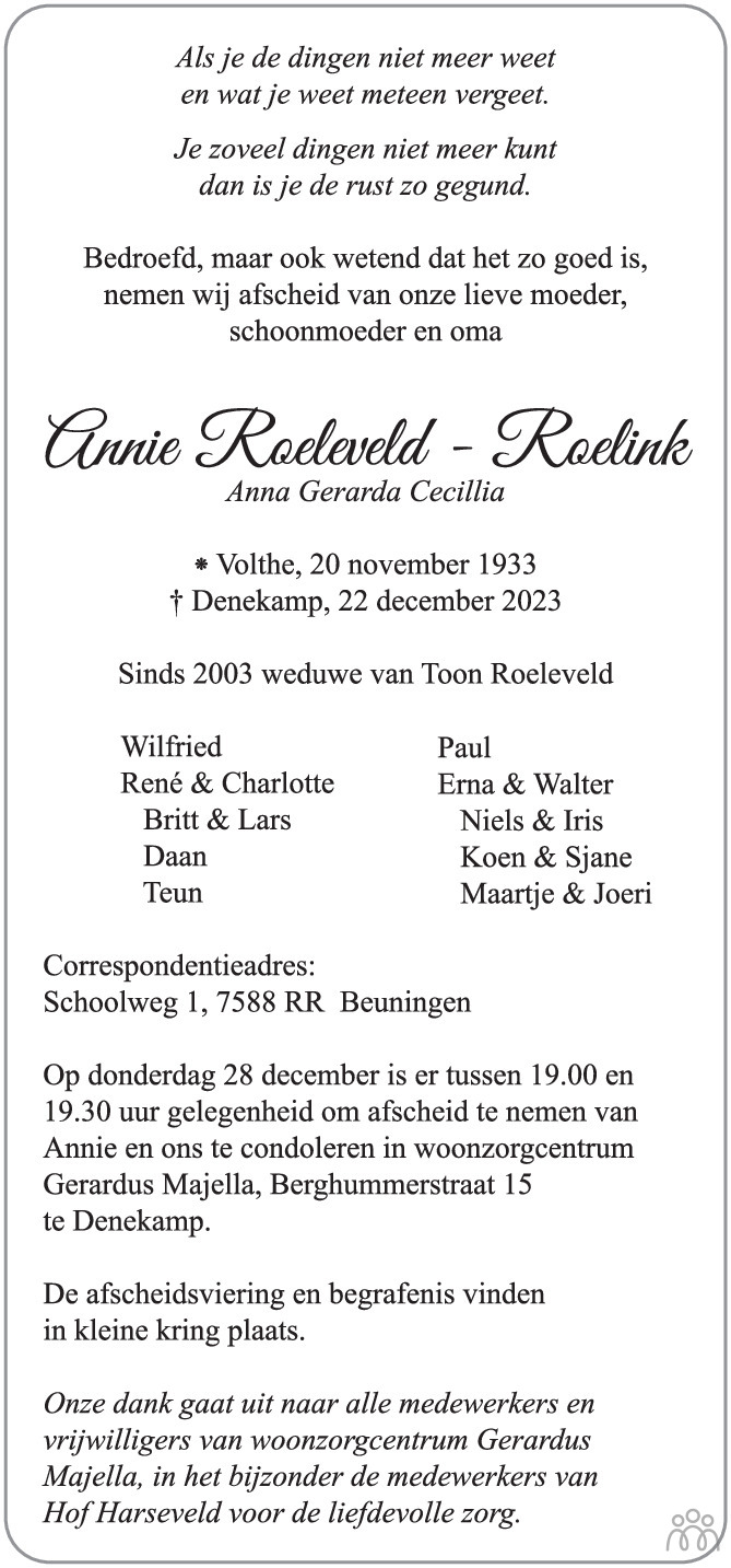 Annie Roeleveld-Roelink 22 december 2023 • overlijdensbericht en ...