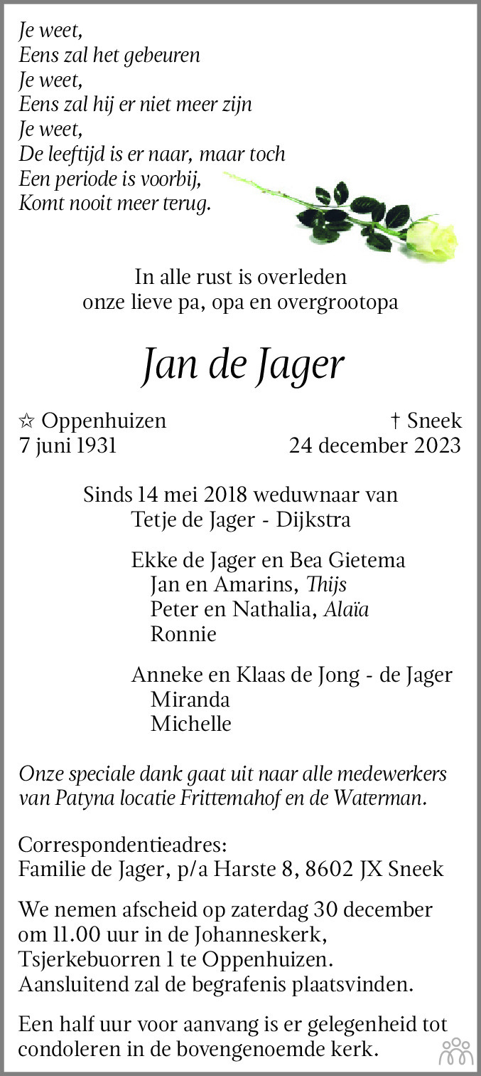 Jan de Jager 24 december 2023 • overlijdensbericht en condoleances ...