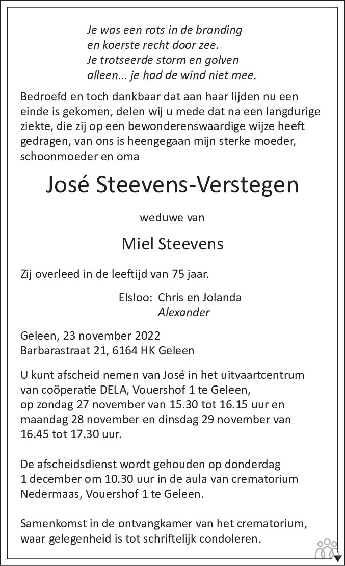 José Steevens-Verstegen 23 november 2022 • overlijdensbericht en ...