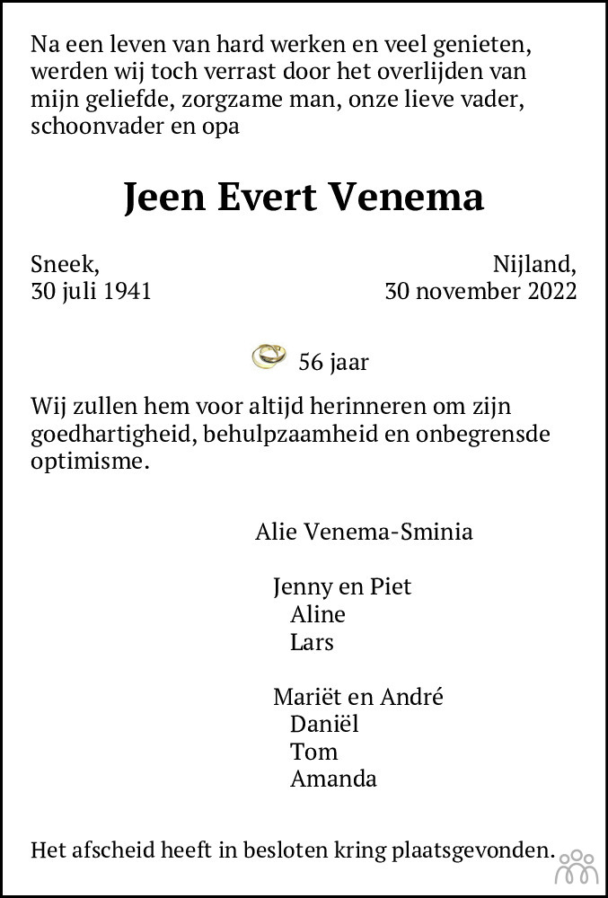 Jeen Evert Venema 30 november 2022 • overlijdensbericht en condoleances ...