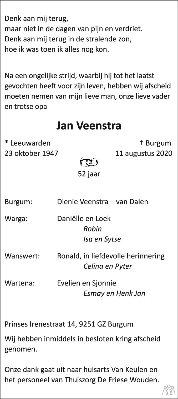 Jan Veenstra 11 augustus 2020 • overlijdensbericht en condoleances ...