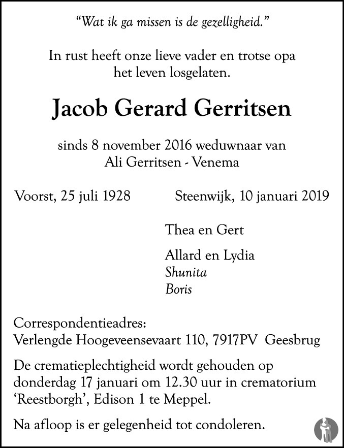 Jacob Gerard Gerritsen 10 januari 2019 • overlijdensbericht en ...