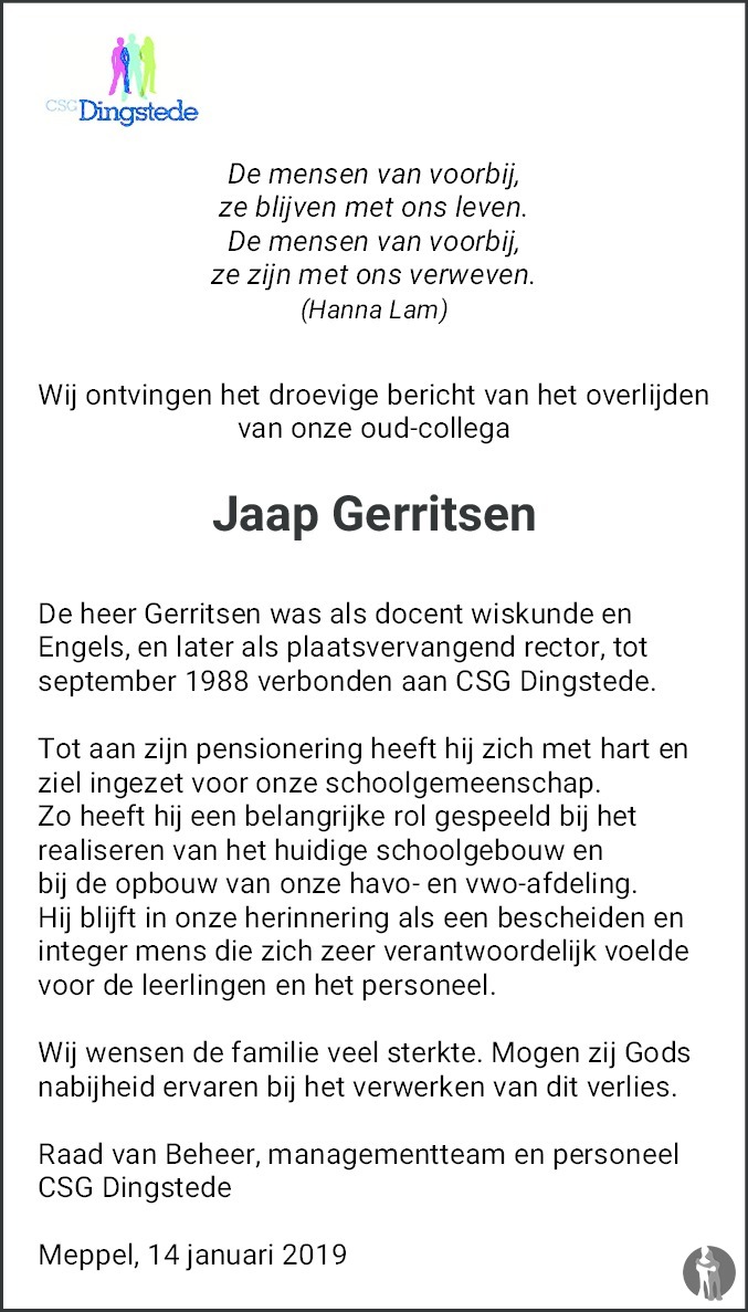 Jacob Gerard Gerritsen 10 januari 2019 • overlijdensbericht en ...