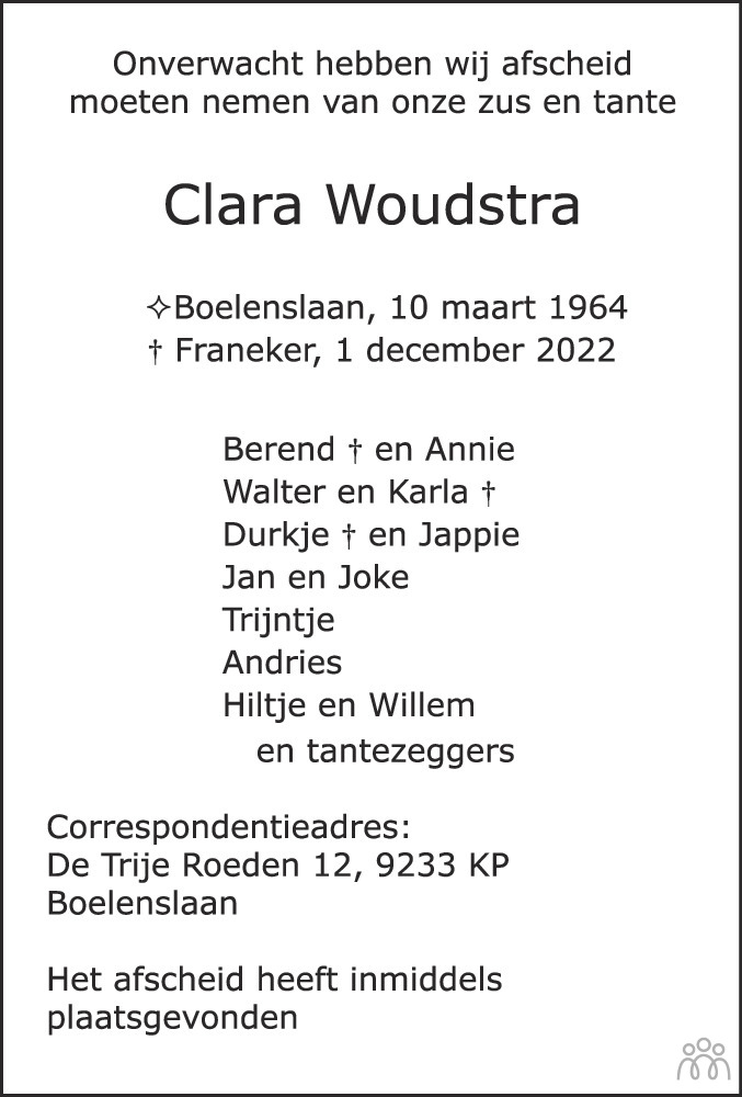 Clara Woudstra 1 december 2022 • overlijdensbericht en condoleances ...