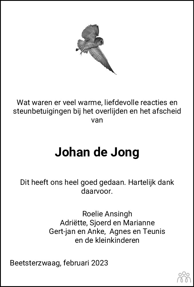Johan de Jong 7 december 2022 • overlijdensbericht en condoleances ...