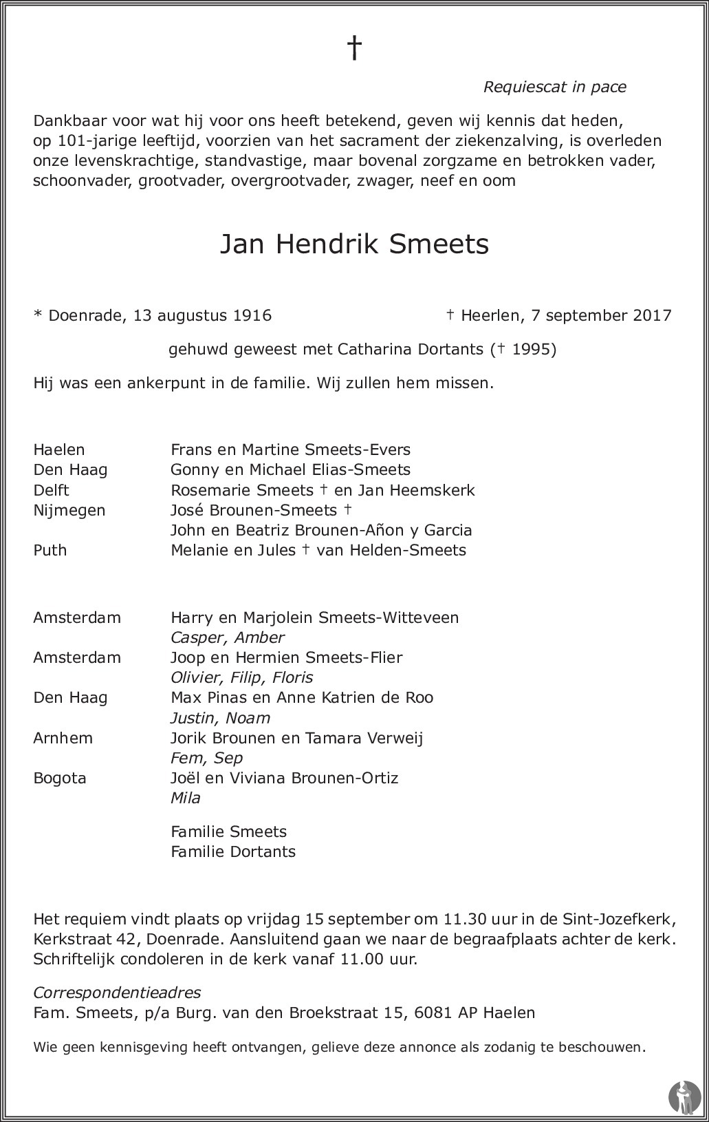 Jan Hendrik Smeets 7 september 2017 • overlijdensbericht en condoleances - Mensenlinq