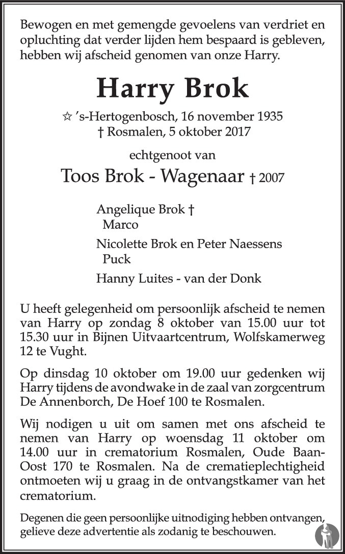 Harry Brok 5 oktober 2017 • overlijdensbericht en condoleances - Mensenlinq