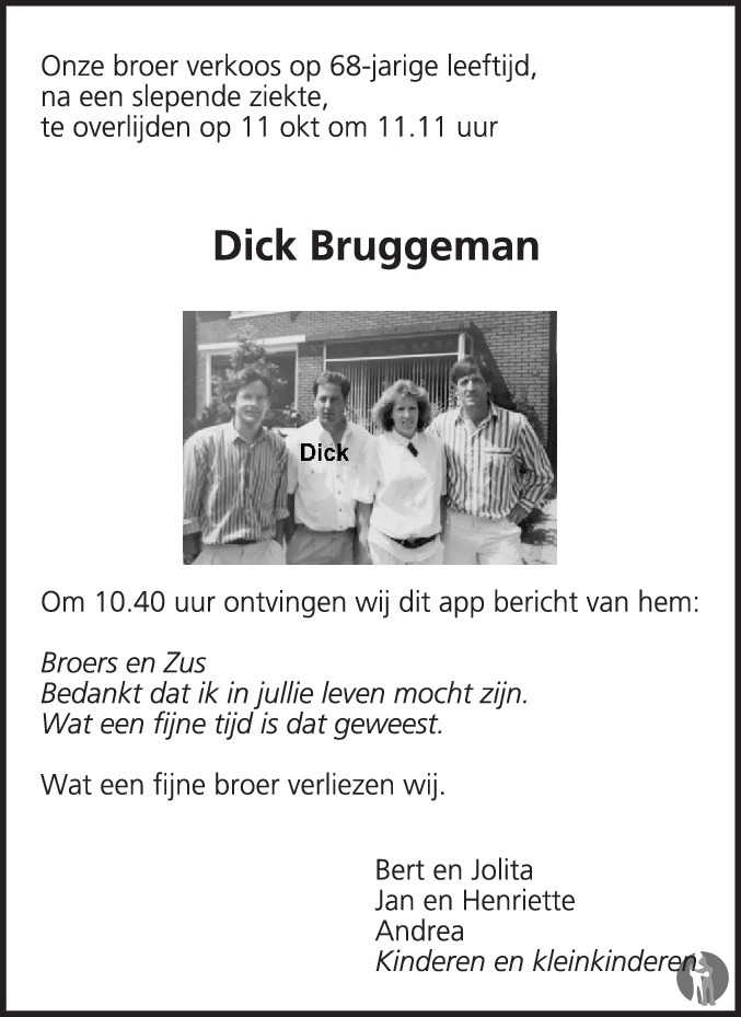 Dick Brüggeman 11 oktober 2017 • overlijdensbericht en condoleances ...