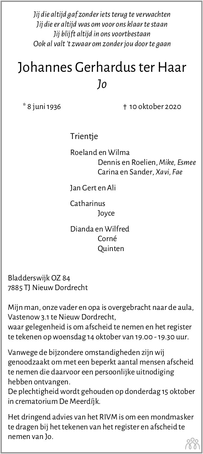 Johannes Gerhardus (Jo) ter Haar 10 oktober 2020 • overlijdensbericht en condoleances - Mensenlinq