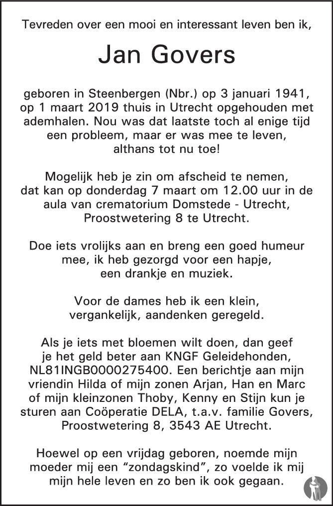 Jan Govers 1 maart 2019 • overlijdensbericht en condoleances - Mensenlinq