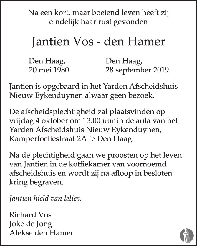 Jantien Vos - den Hamer 28 september 2019 • overlijdensbericht en ...