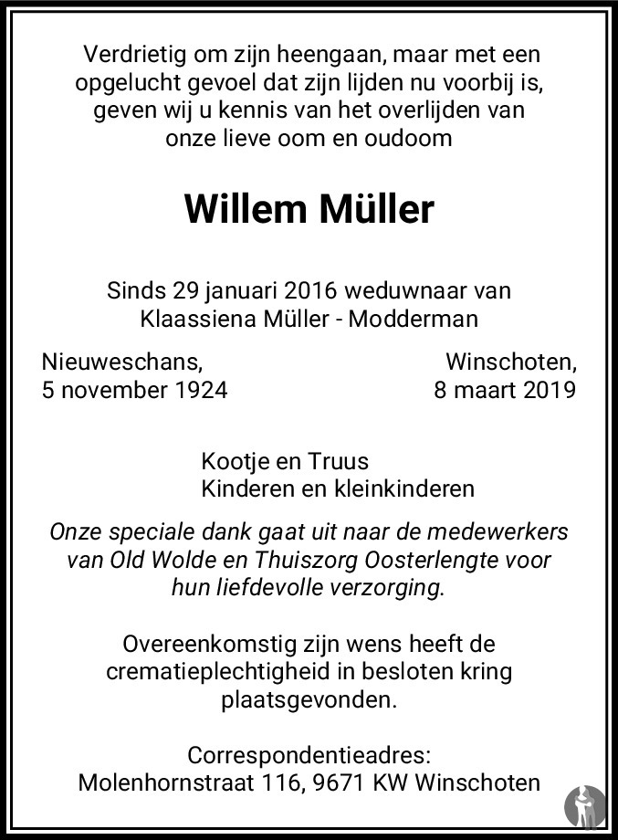 Willem Müller 8 maart 2019 • overlijdensbericht en condoleances ...