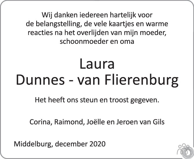 Laura Dunnes-van Flierenburg 29 oktober 2020 • overlijdensbericht en ...