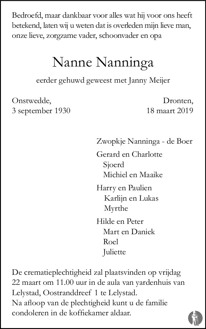 Nanne Nanninga 18 maart 2019 • overlijdensbericht en condoleances ...