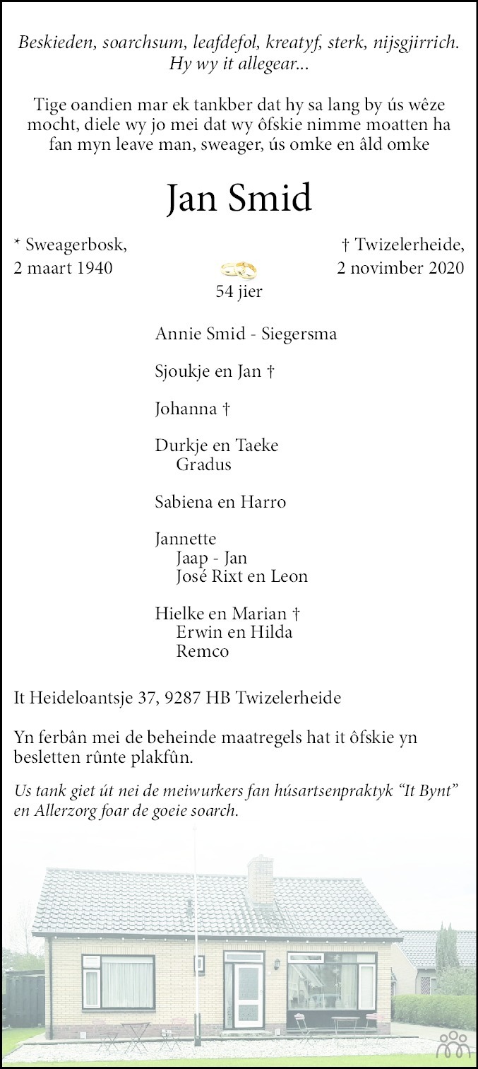 Jan Smid 2 november 2020 • overlijdensbericht en condoleances - Mensenlinq
