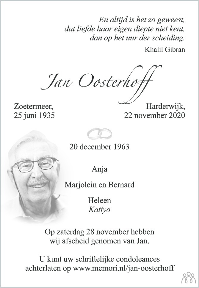 Jan Oosterhoff 22 november 2020 • overlijdensbericht en condoleances ...