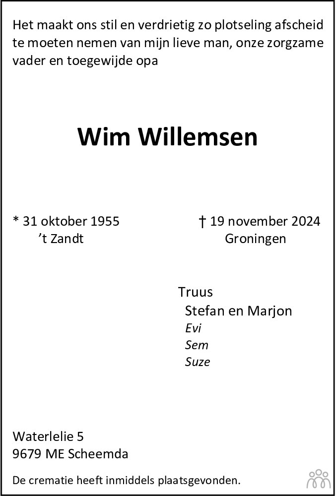 Wim Willemsen 19 November 2024 • Overlijdensbericht En Condoleances