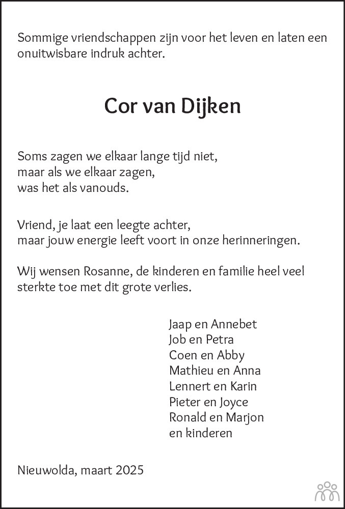 Cor van Dijken • overlijdensbericht en condoleances - Mensenlinq