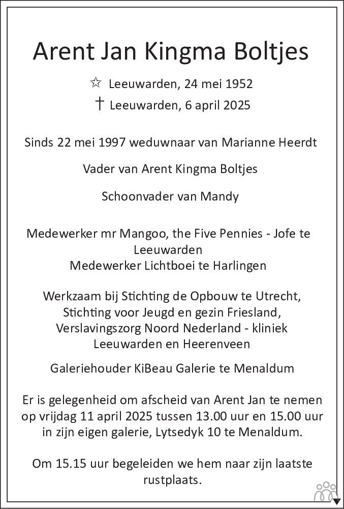 Arent Jan Kingma Boltjes 6 april 2025 • overlijdensbericht en ...