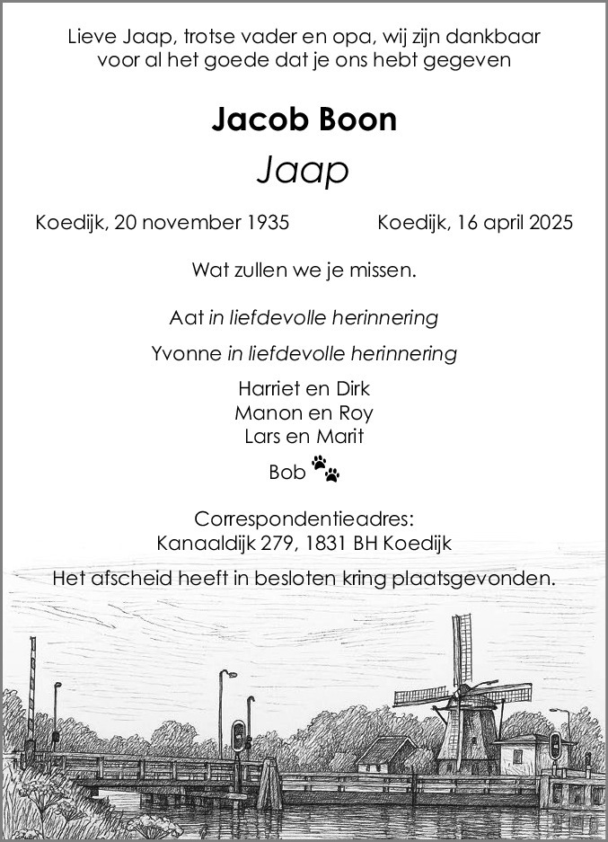 Jacob (Jaap) Boon 16 april 2025 • overlijdensbericht en condoleances ...