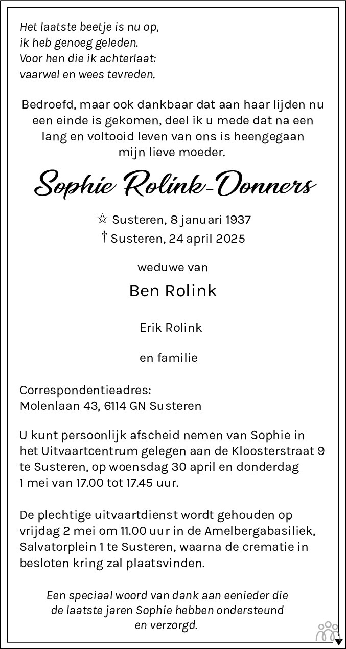 Sophie Rolink-Donners 24 april 2025 • overlijdensbericht en ...