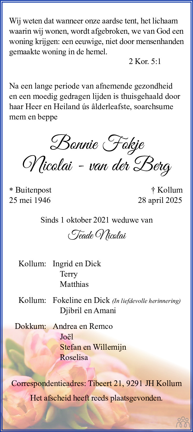 Bonnie Nicolai-van der Berg 28 april 2025 • overlijdensbericht en ...