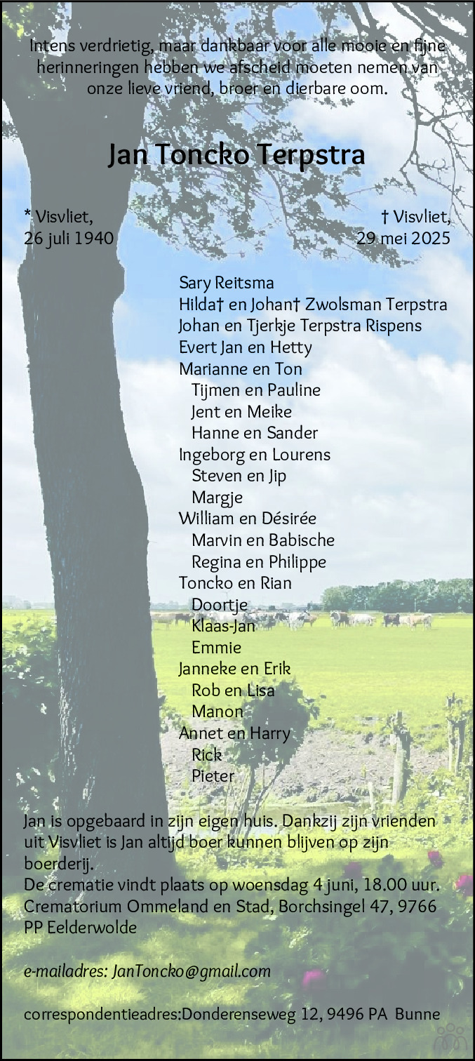 Jan Toncko Terpstra 29 mei 2025 • overlijdensbericht en condoleances ...