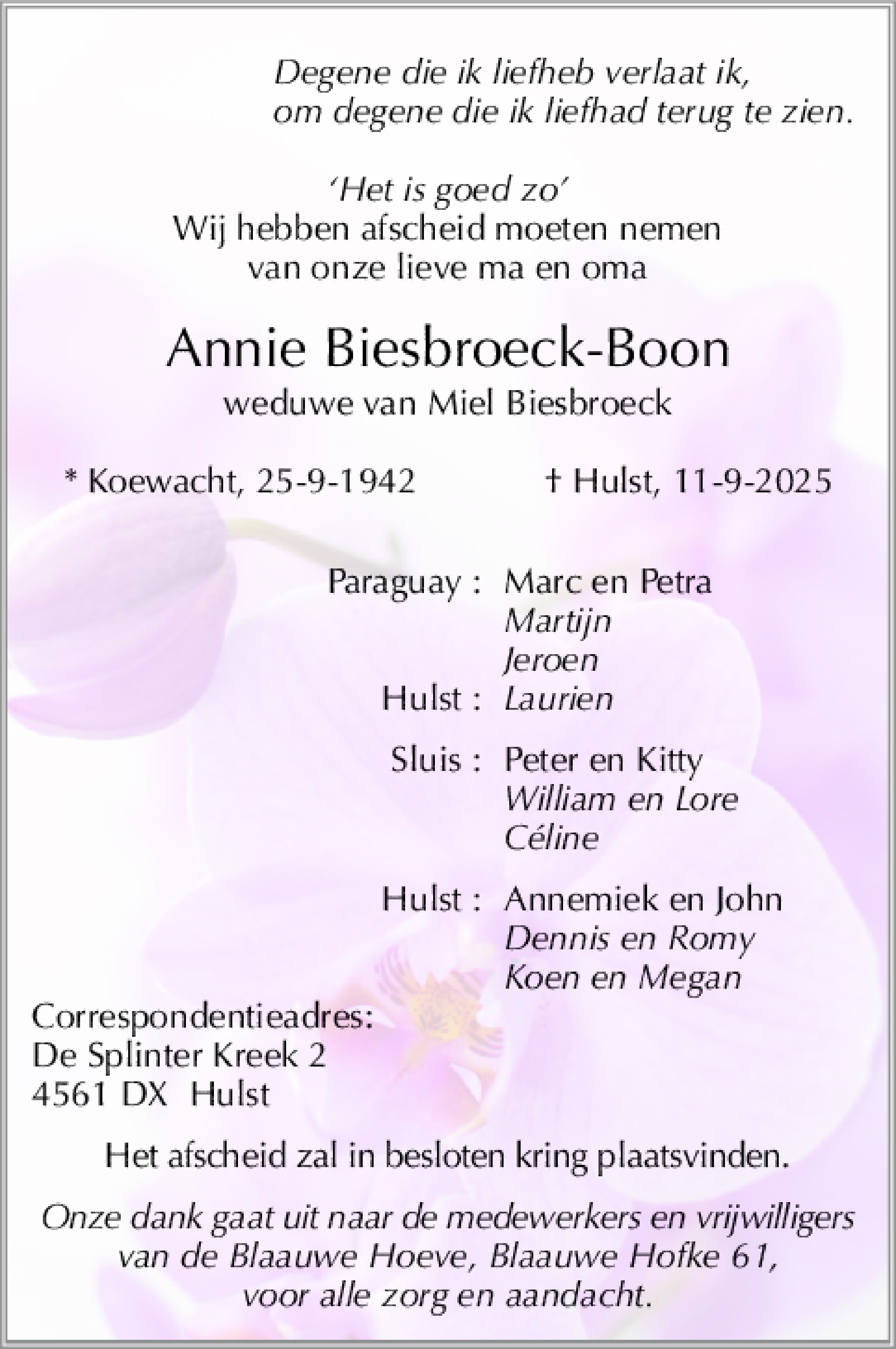 Annie Biesbroeck-Boon 11 september 2025 • overlijdensbericht en ...