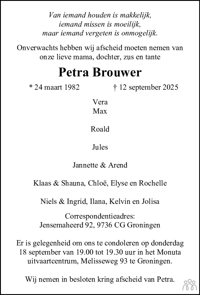 Petra Brouwer 12 september 2025 • overlijdensbericht en condoleances ...