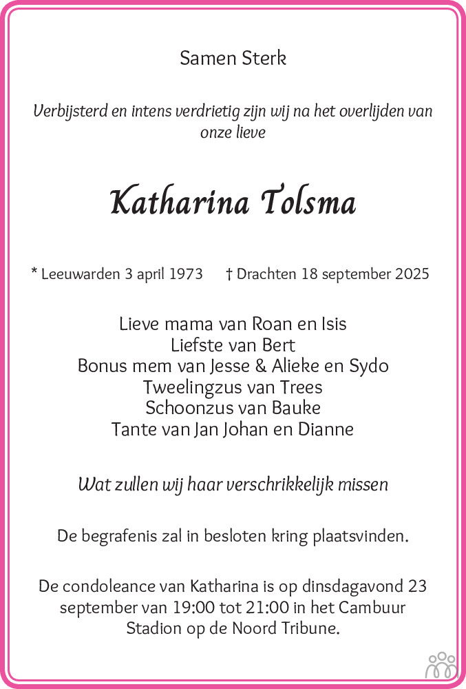 Katharina Tolsma 18 september 2025 • overlijdensbericht en condoleances - Mensenlinq