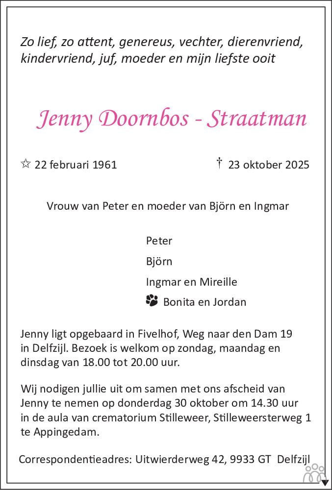 Jenny Doornbos-Straatman 23 oktober 2025 • overlijdensbericht en condoleances - Mensenlinq
