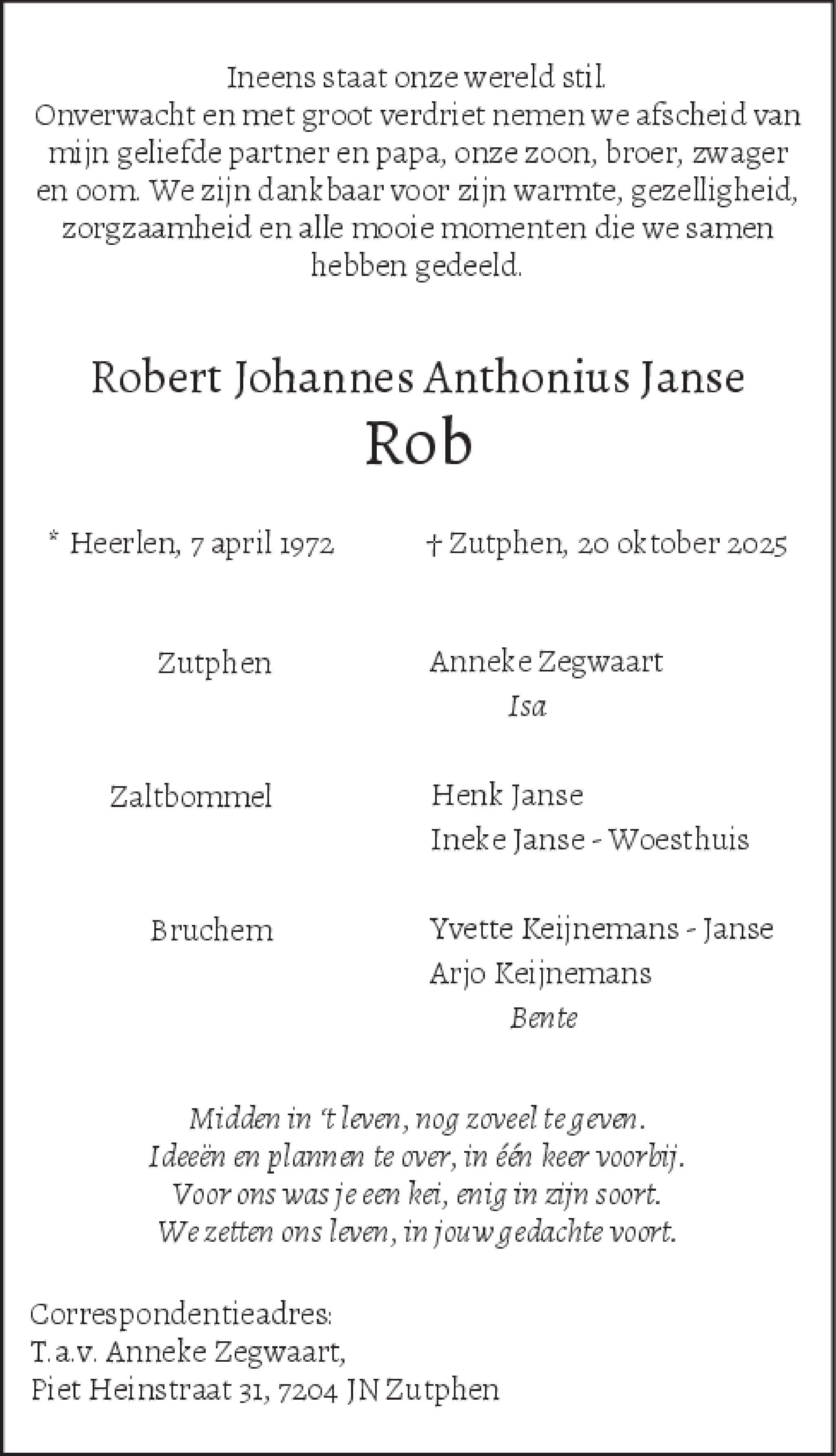 Robert Johannes Anthonius Janse 20 oktober 2025 • overlijdensbericht en ...