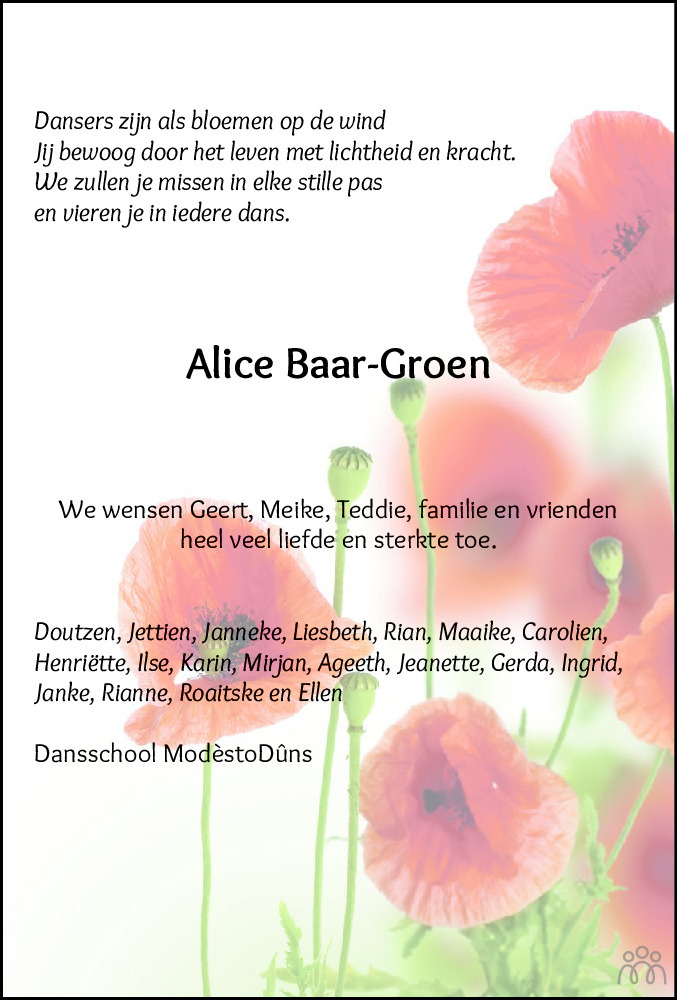 Alice Baar-Groen 30 oktober 2025 • overlijdensbericht en condoleances ...
